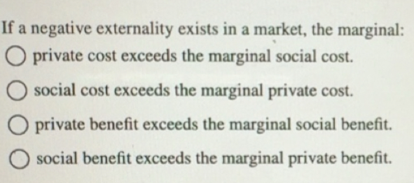 Solved: If a negative externality exists in a market, the marginal ...
