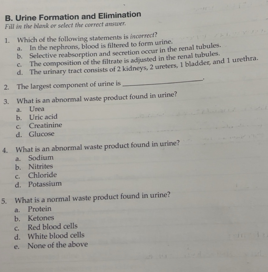 Solved: Urine Formation and Elimination Fill in the blank or select the ...