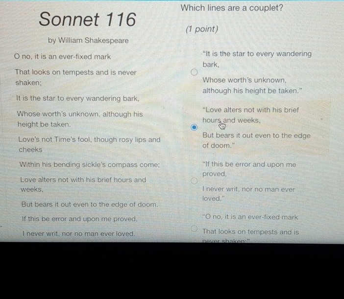 Solved: Which lines are a couplet? Sonnet 116 (1 point) by William ...