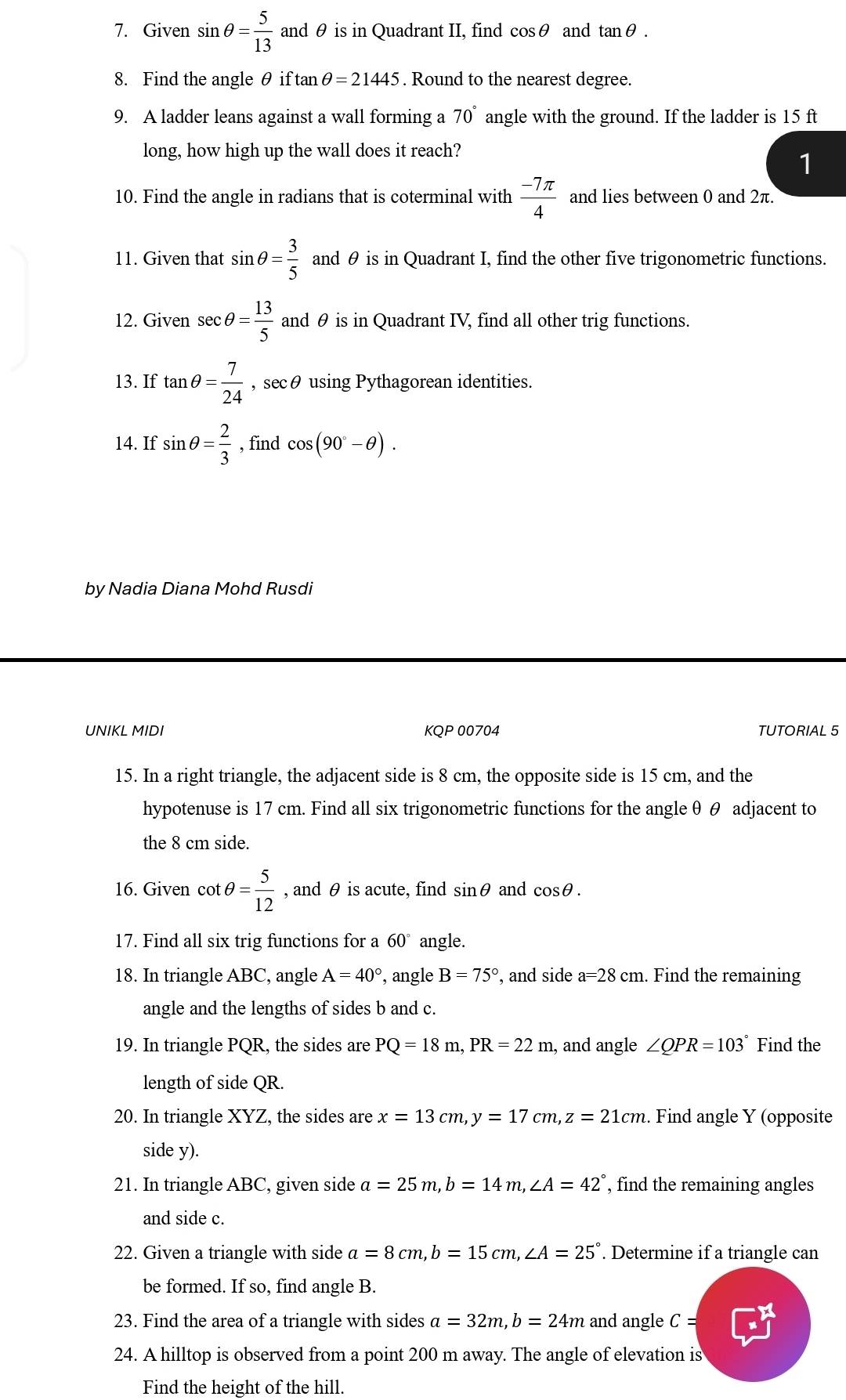 Selesai:Given sin θ = 5/13 and θ is in Quadrant II, find cos θ and tan ...