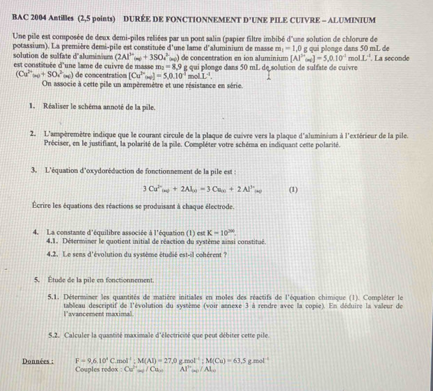 Résolu :BAC 2004 Antilles (2,5 points) DURÉE DE FONCTIONNEMENT 1 、 UNE ...
