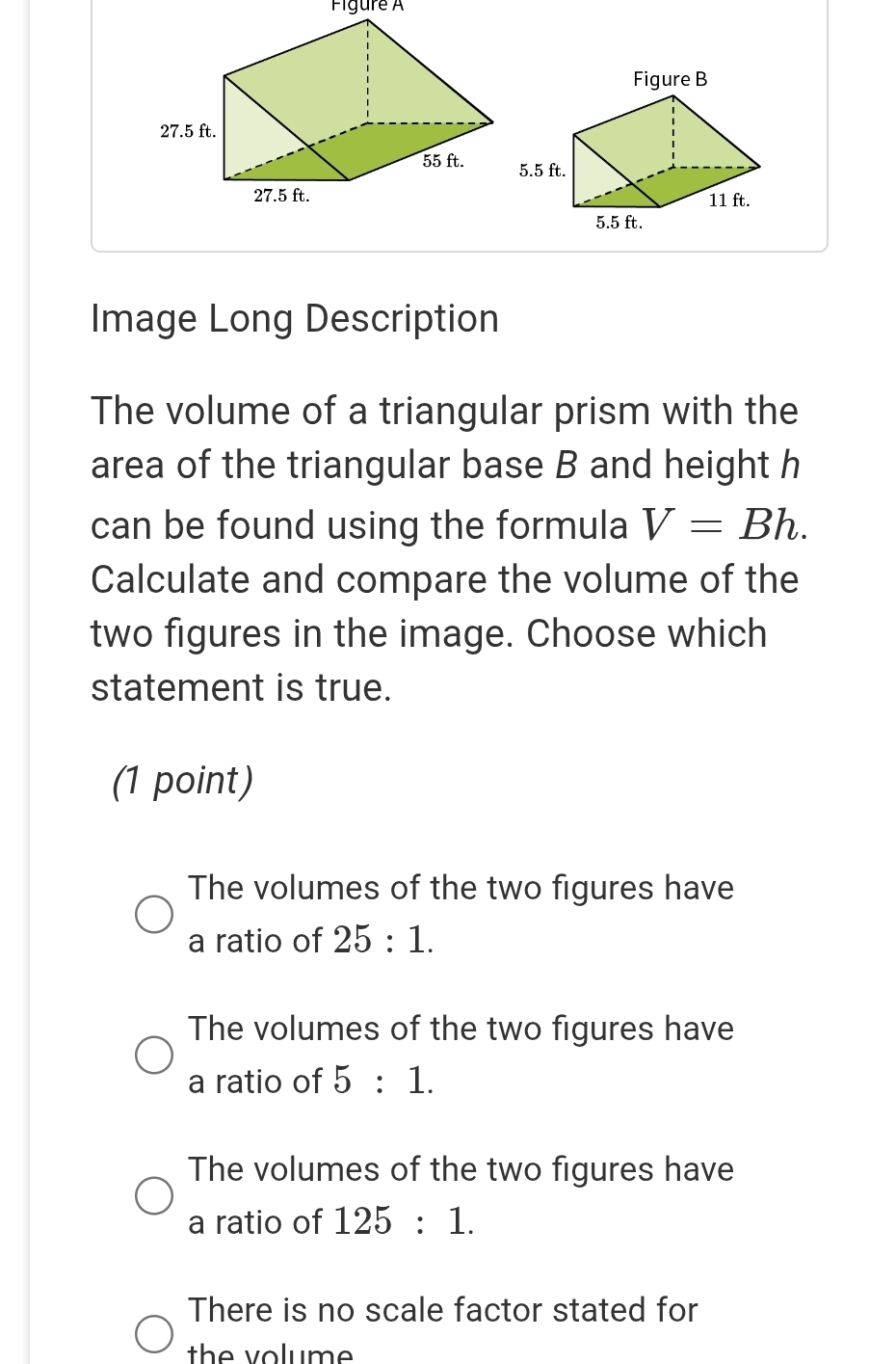 Solved: Image Long Description The volume of a triangular prism with ...