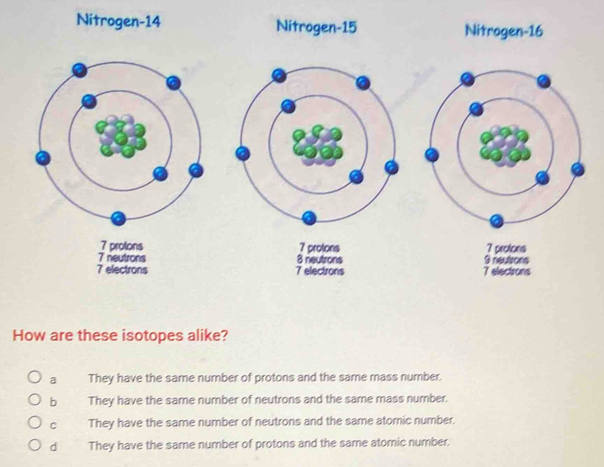 Solved: Nitrogen- 14 Nitrogen- 15 Nitrogen- 16 7 protons 7 protions 8 ...
