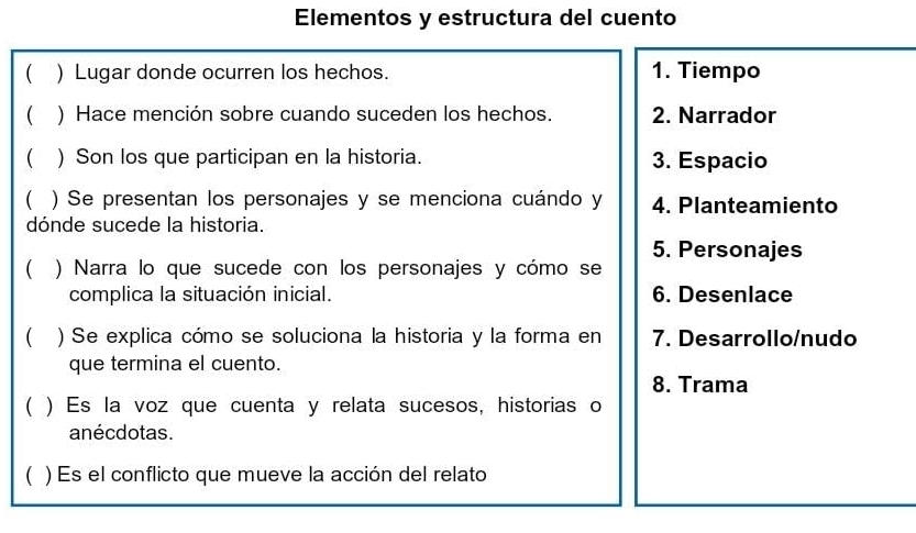 Resuelto:Elementos y estructura del cuento ) Lugar donde ocurren los ...