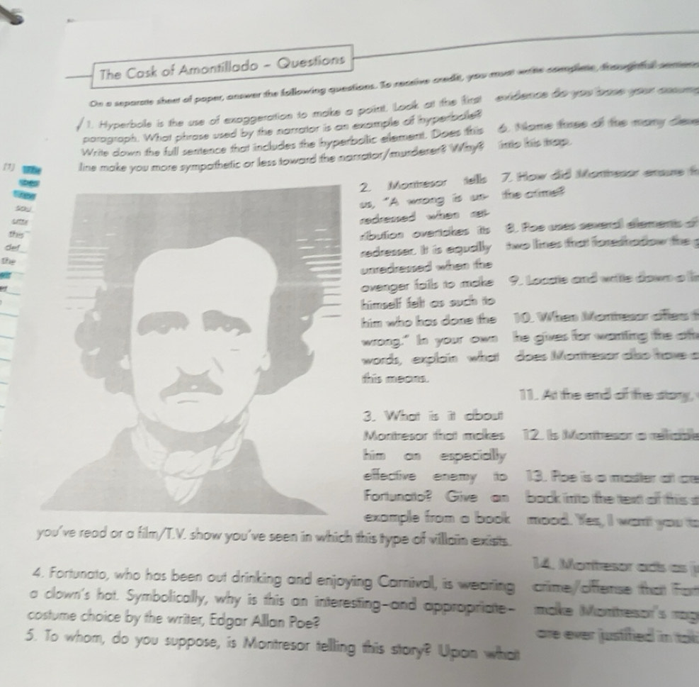 Solved: The Cask of Amontillado - Questions On a separate sheet of ...