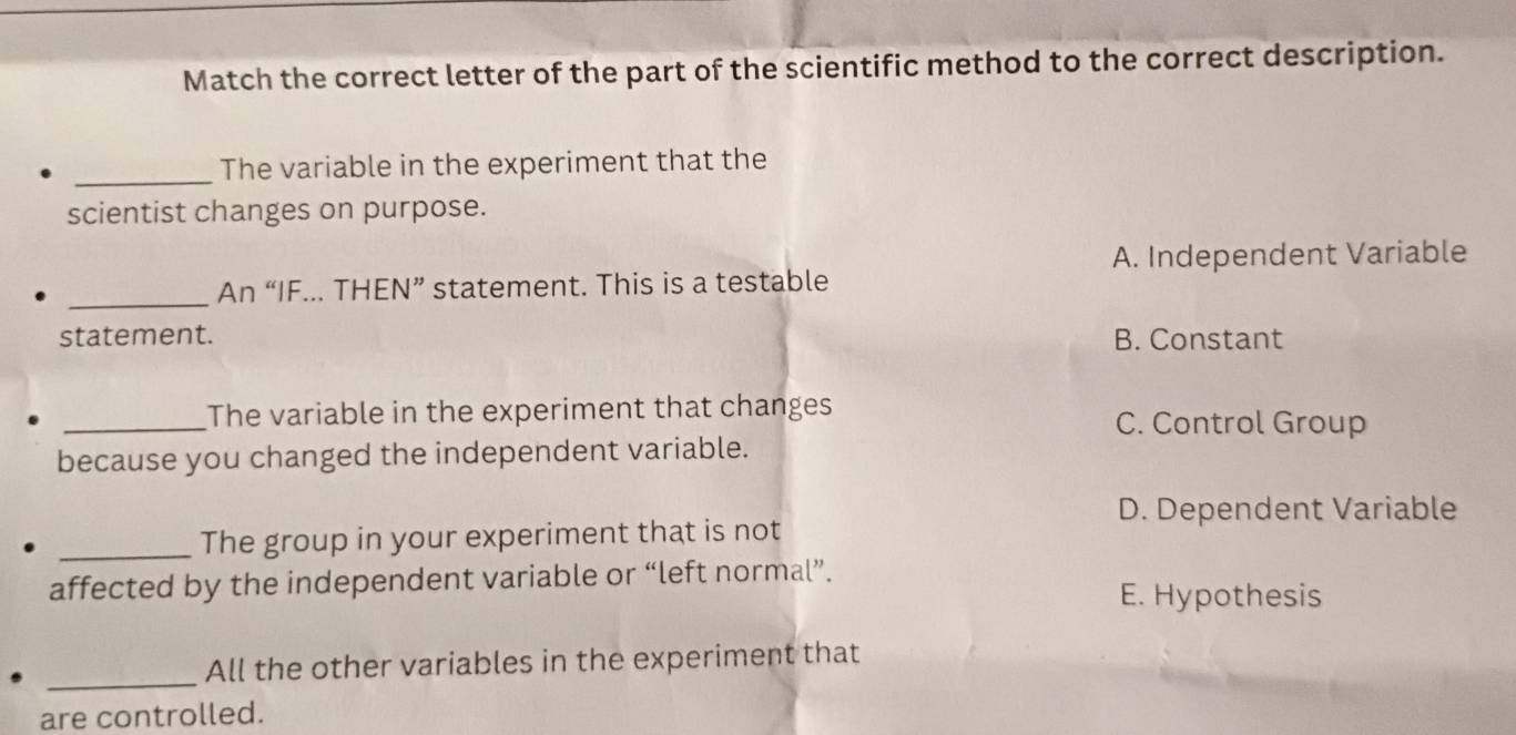 Solved: Match the correct letter of the part of the scientific method ...