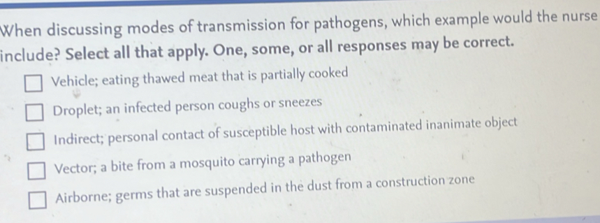 Solved: When discussing modes of transmission for pathogens, which example would the nurse ...
