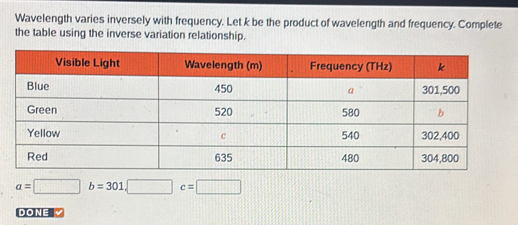 Solved: Wavelength varies inversely with frequency. Let k be the product of wavelength and ...