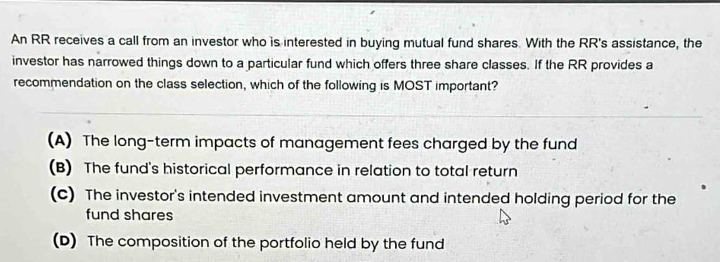Solved: An RR receives a call from an investor who is interested in ...