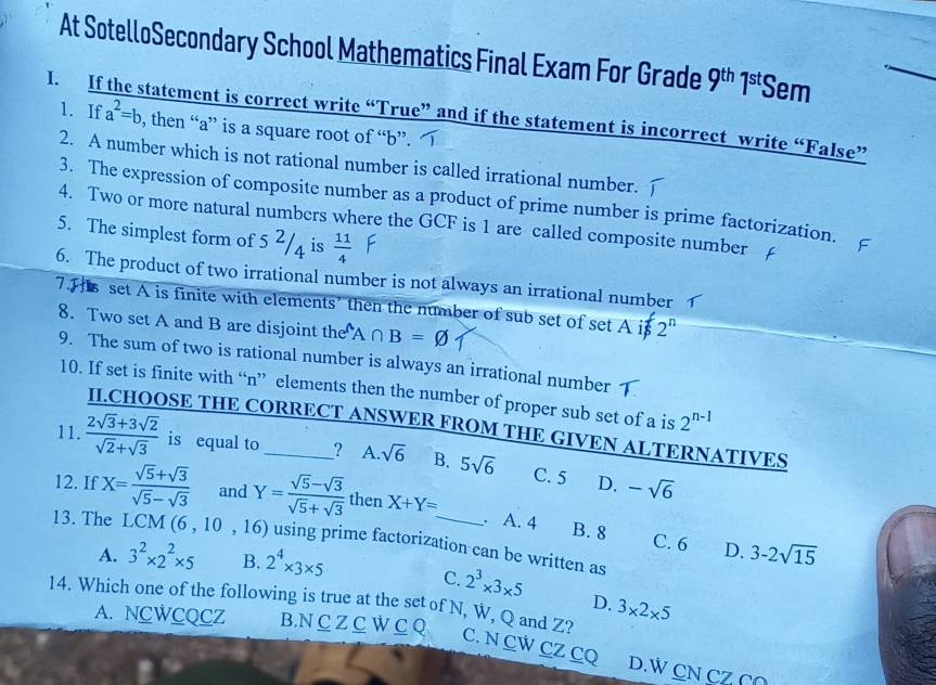 Gelöst:At SotelloSecondary School Mathematics Final Exam For Grade 9 ...
