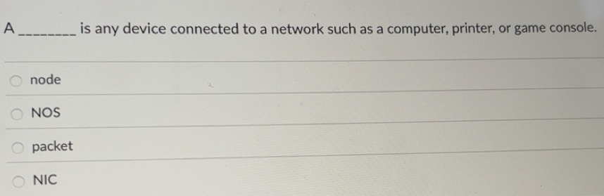 Solved: A_ is any device connected to a network such as a computer ...