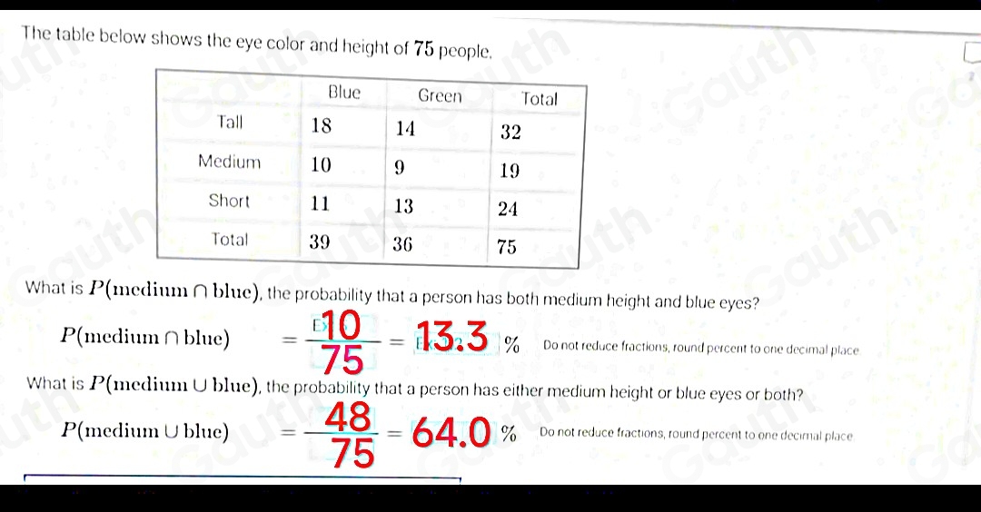Solved: The table below shows the eye color and height of 75 people. 2 ...