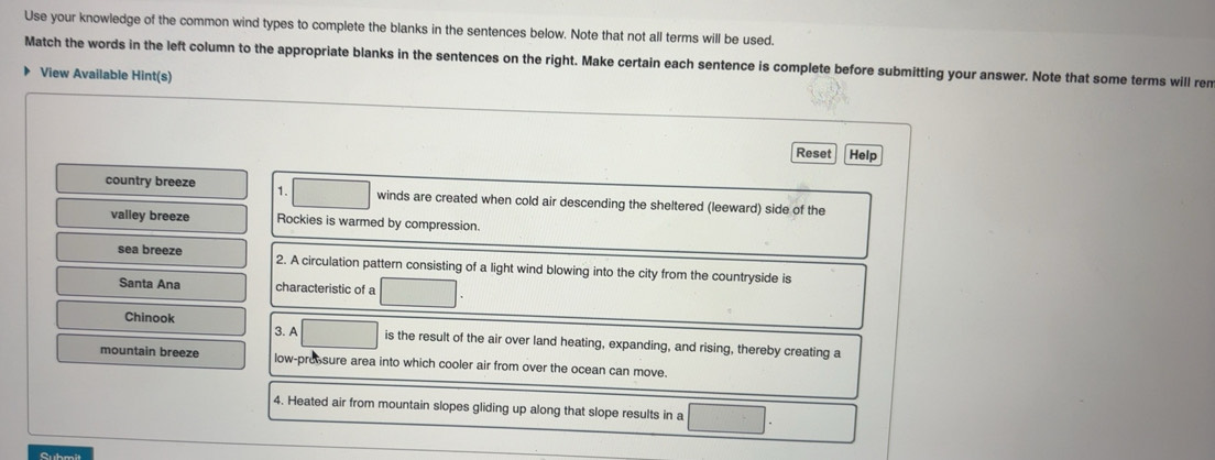 Solved: Use your knowledge of the common wind types to complete the ...