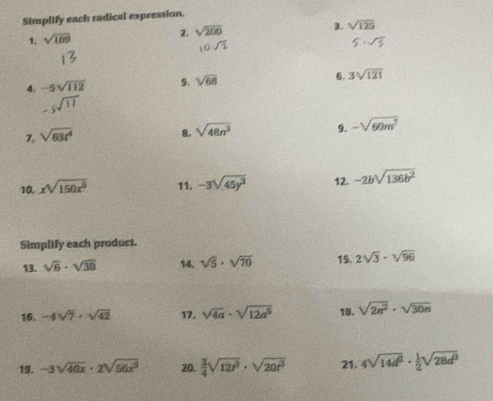 Solved: Simplify each radical expression. 3. sqrt(125) 4. sqrt(169) 2 ...