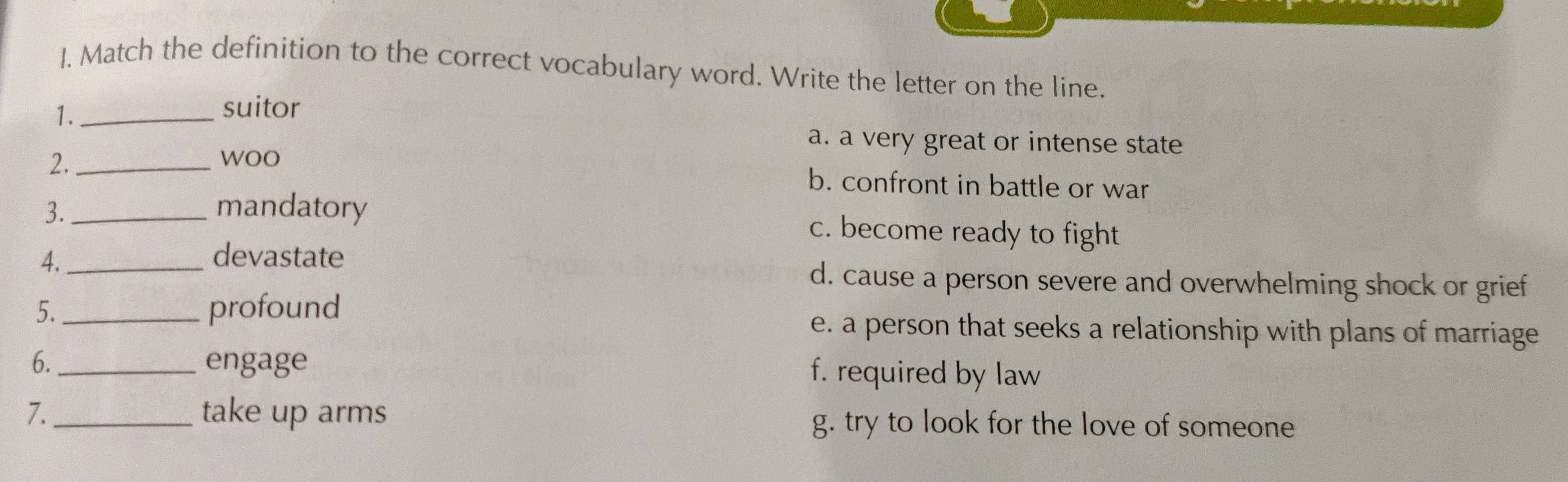 Resuelto:Match the definition to the correct vocabulary word. Write the ...