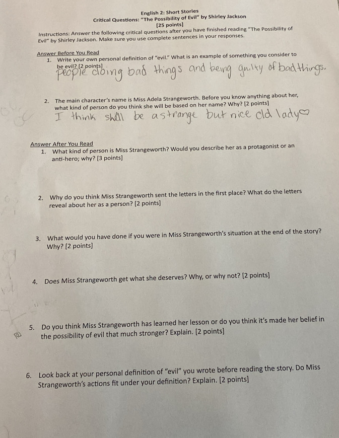 Solved: English 2: Short Stories Critical Questions: “The Possibility ...