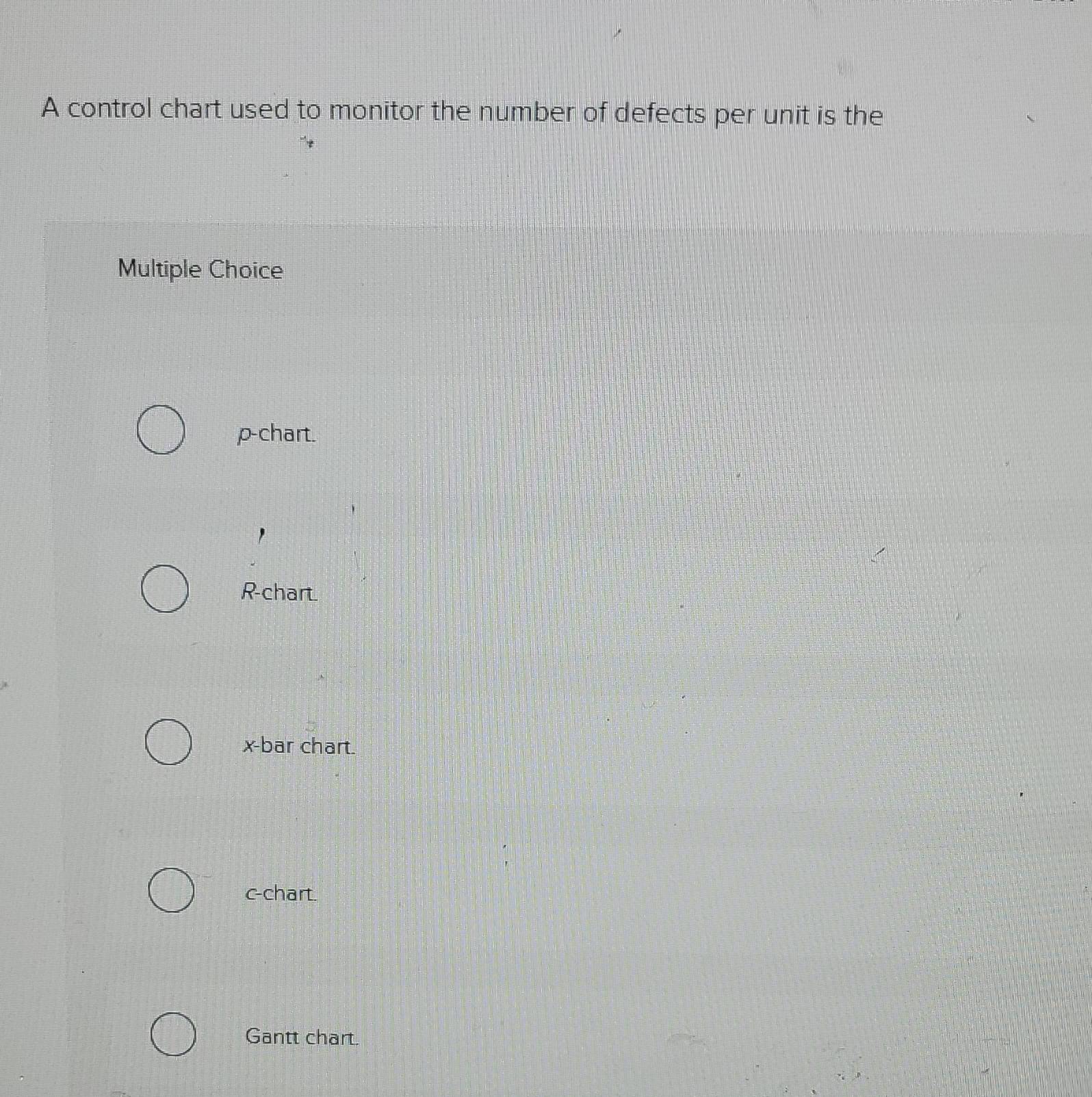 Solved: A control chart used to monitor the number of defects per unit is the Multiple Choice p ...