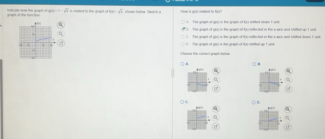Solved: Indicate how the graph of g(x)=1-sqrt(x) is related to the ...