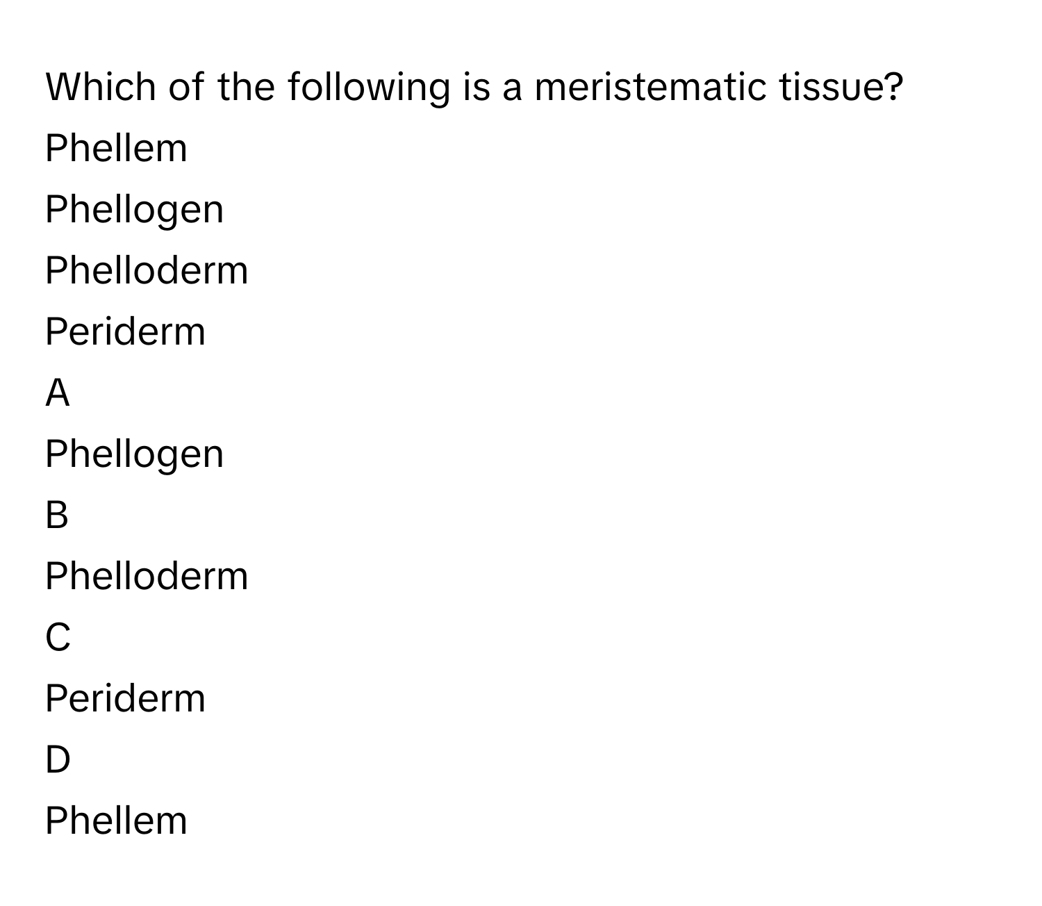 Solved: Which of the following is a meristematic tissue?Phellem ...