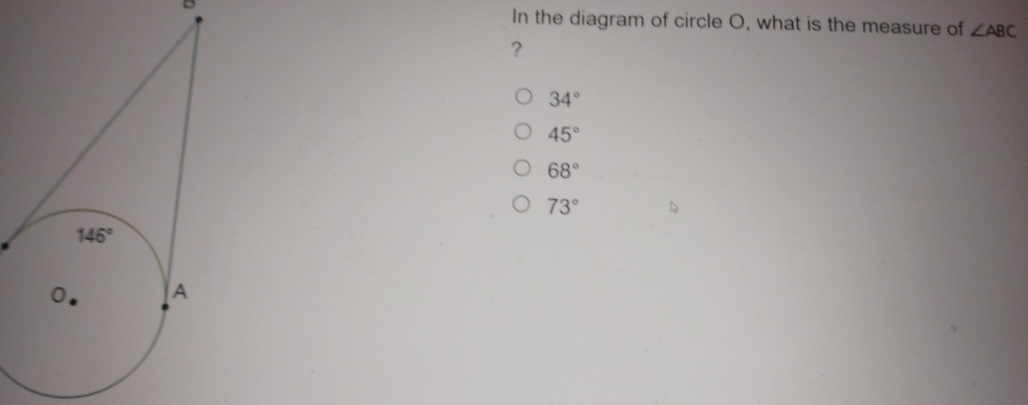 Solved: In the diagram of circle O, what is the measure of ∠ ABC ？ 34 ...