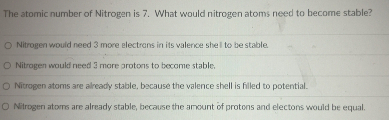 Solved: The atomic number of Nitrogen is 7. What would nitrogen atoms ...