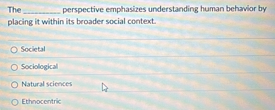 Solved: The_ perspective emphasizes understanding human behavior by ...