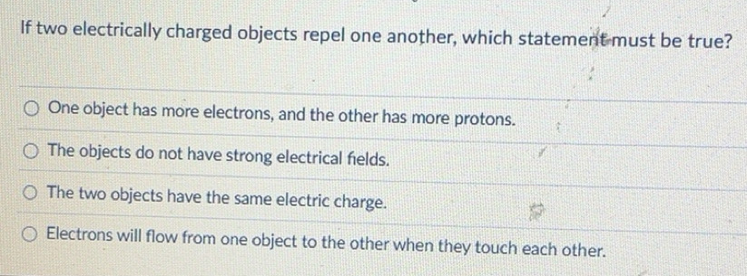 Solved: If two electrically charged objects repel one another, which ...