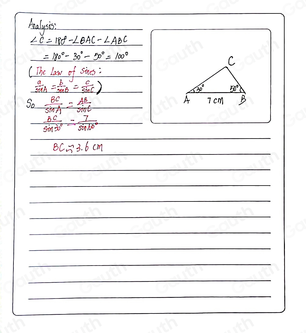 Solved: Construct triangle ABC, where AB=7cm Angle BAC=30° Angle ABC=50° Measure the length of ...