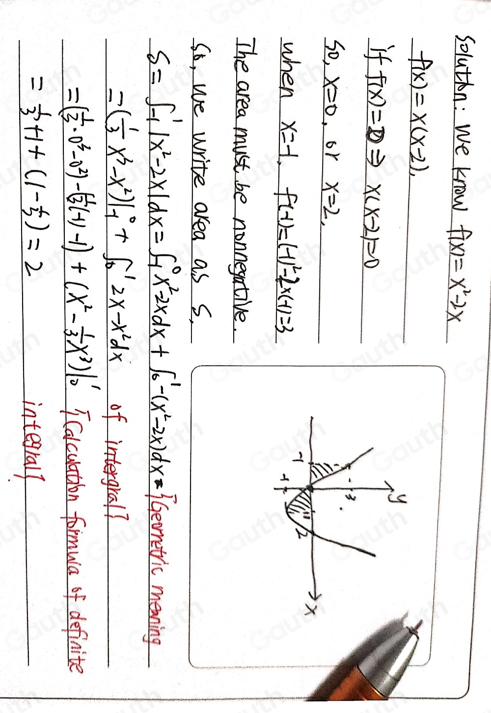 Solved: Find the area between the graph of f(x)=x^2-2x and the x-axis ...