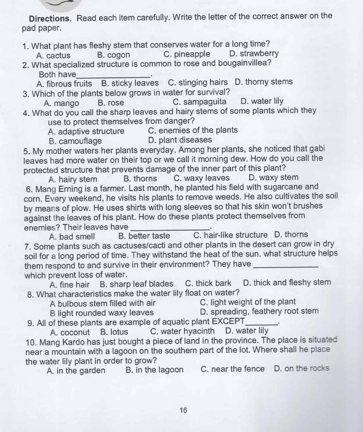 Solved: Directions. Read each item carefully. Write the letter of the ...