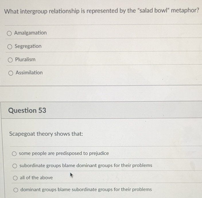 Solved: What intergroup relationship is represented by the "salad bowl ...