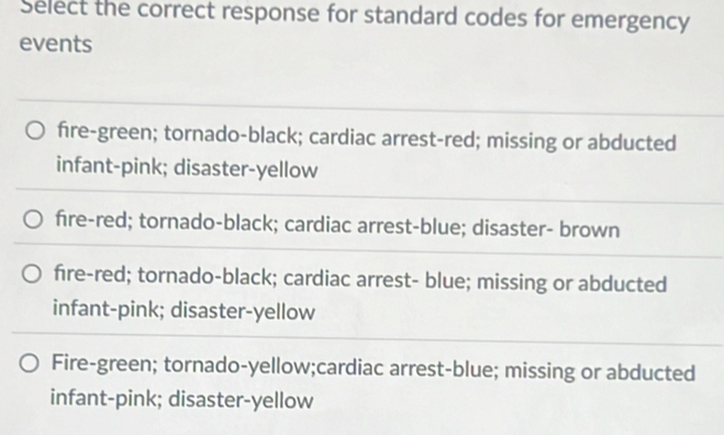 Solved: Select the correct response for standard codes for emergency ...