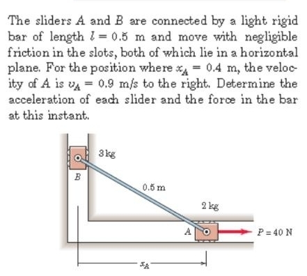 Solved: The sliders A and B are connected by a light rigid bar of length l=0.5m and move with ...