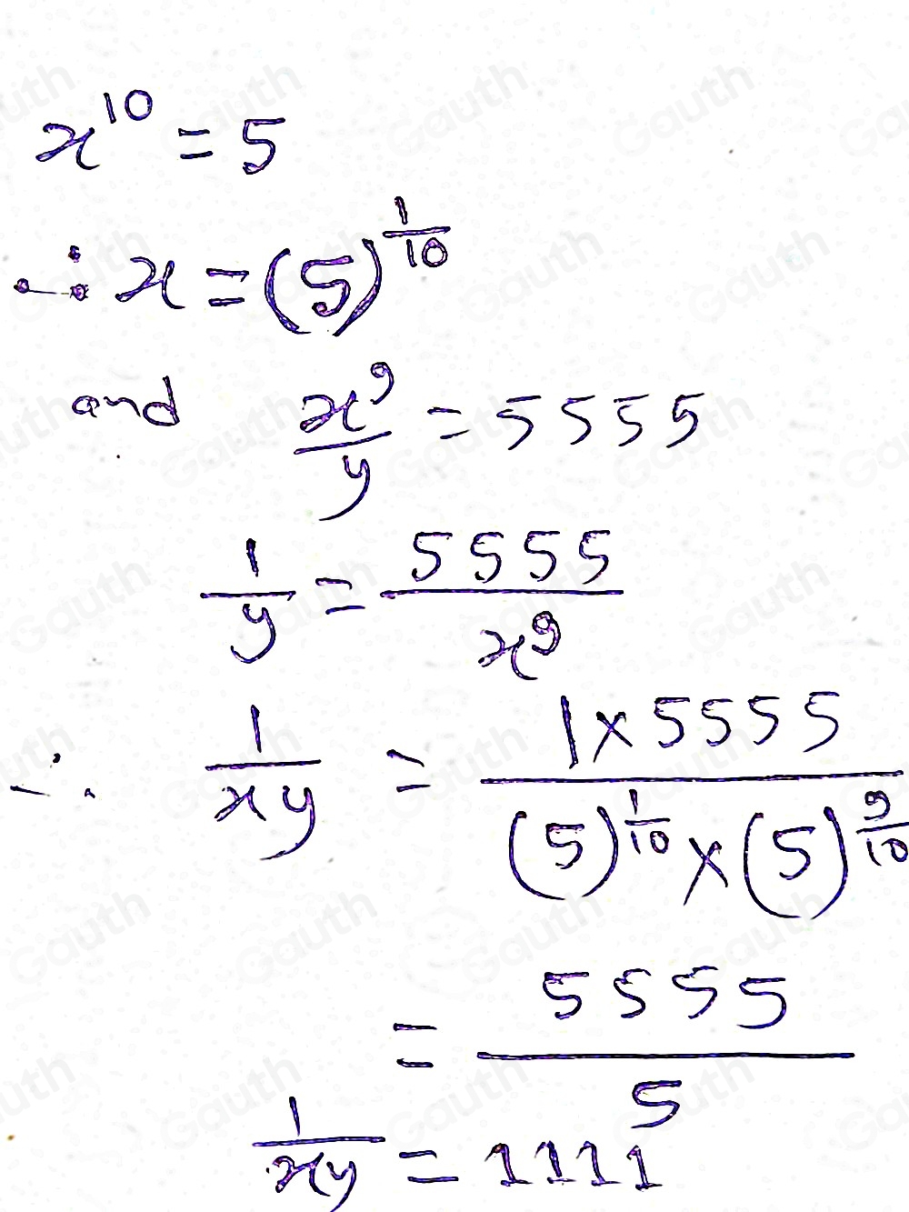 Solved: If x^(10)=5 and x^9/y =5555, what is 1/xy ? A) 5 B) 1,111 C ...