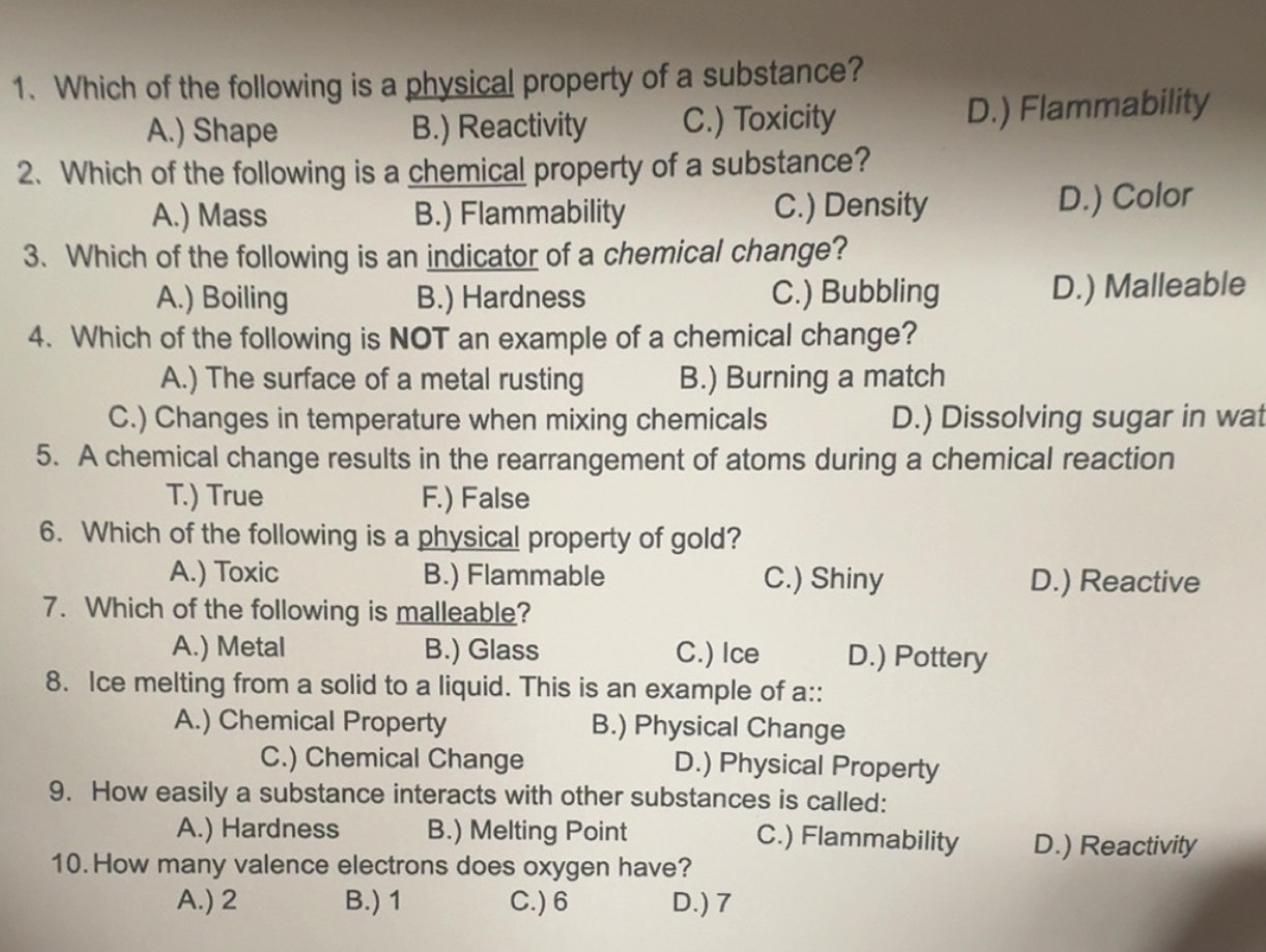 Solved: Which of the following is a physical property of a substance? A ...