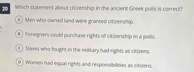 Solved: Which statement about citizenship in the ancient Greek polis is ...