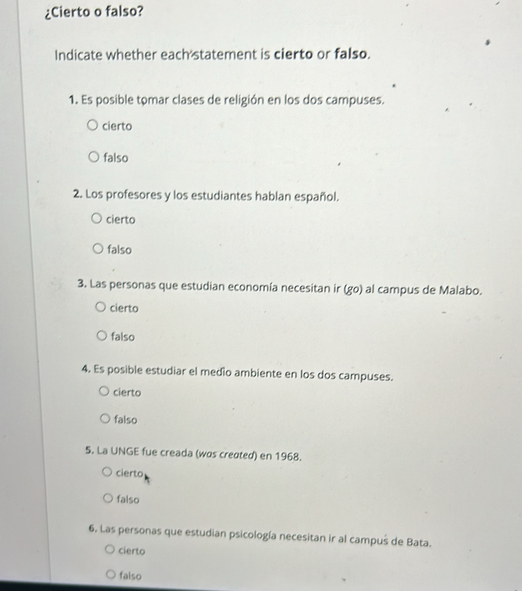Solved: ¿Cierto o falso? Indicate whether each statement is cierto or ...