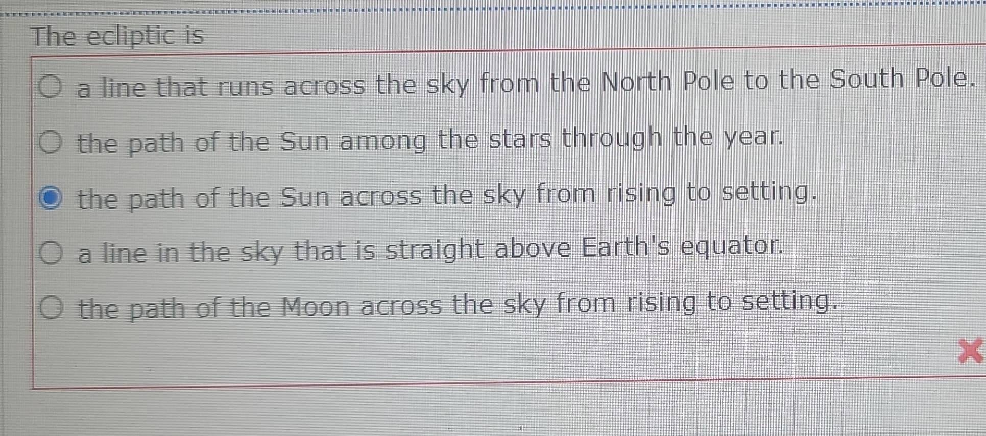 Solved: The ecliptic is a line that runs across the sky from the North ...