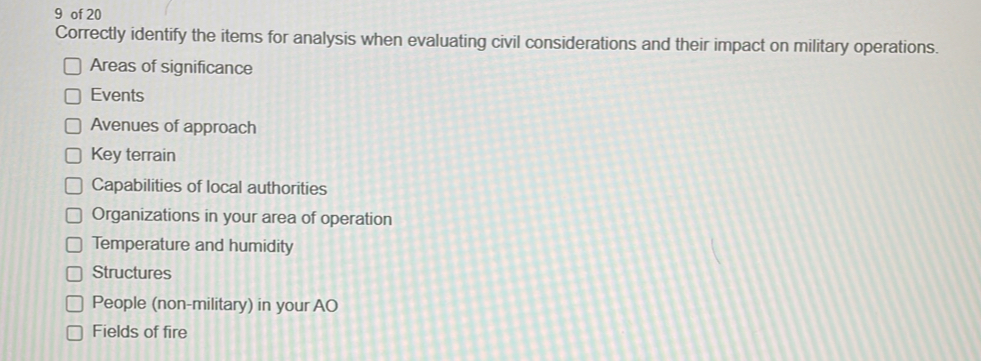 Solved: of 20 Correctly identify the items for analysis when evaluating civil considerations and ...