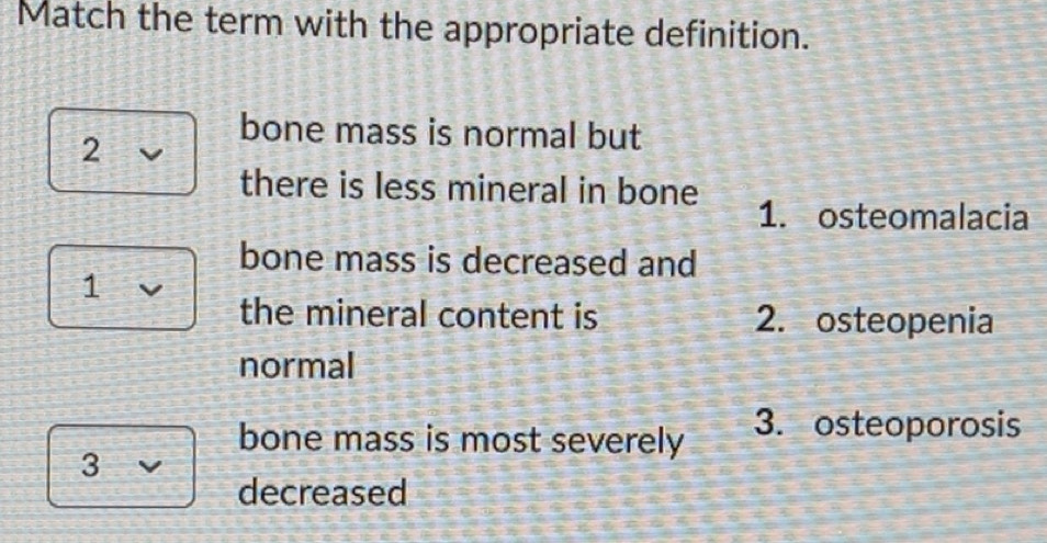 Solved: Match the term with the appropriate definition. 2 bone mass is ...