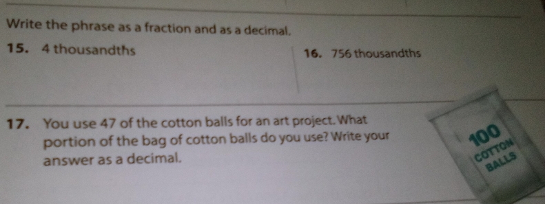Solved: Write the phrase as a fraction and as a decimal. 15. 4 ...