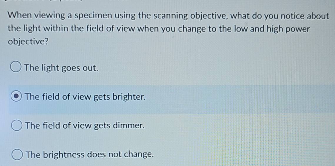 Solved: When viewing a specimen using the scanning objective, what do ...