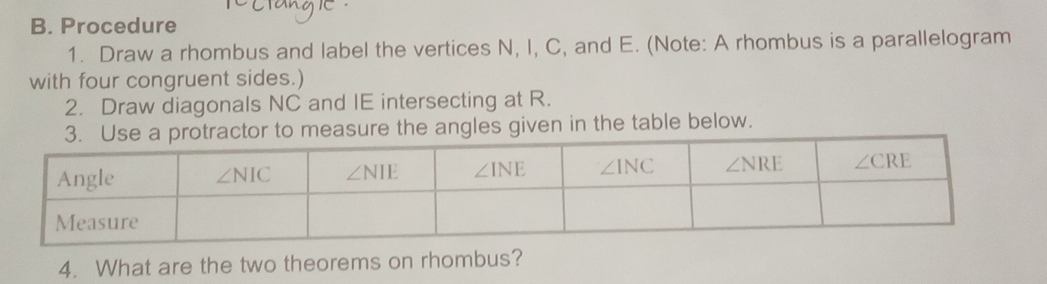 Solved: Procedure 1. Draw a rhombus and label the vertices N, I, C, and ...