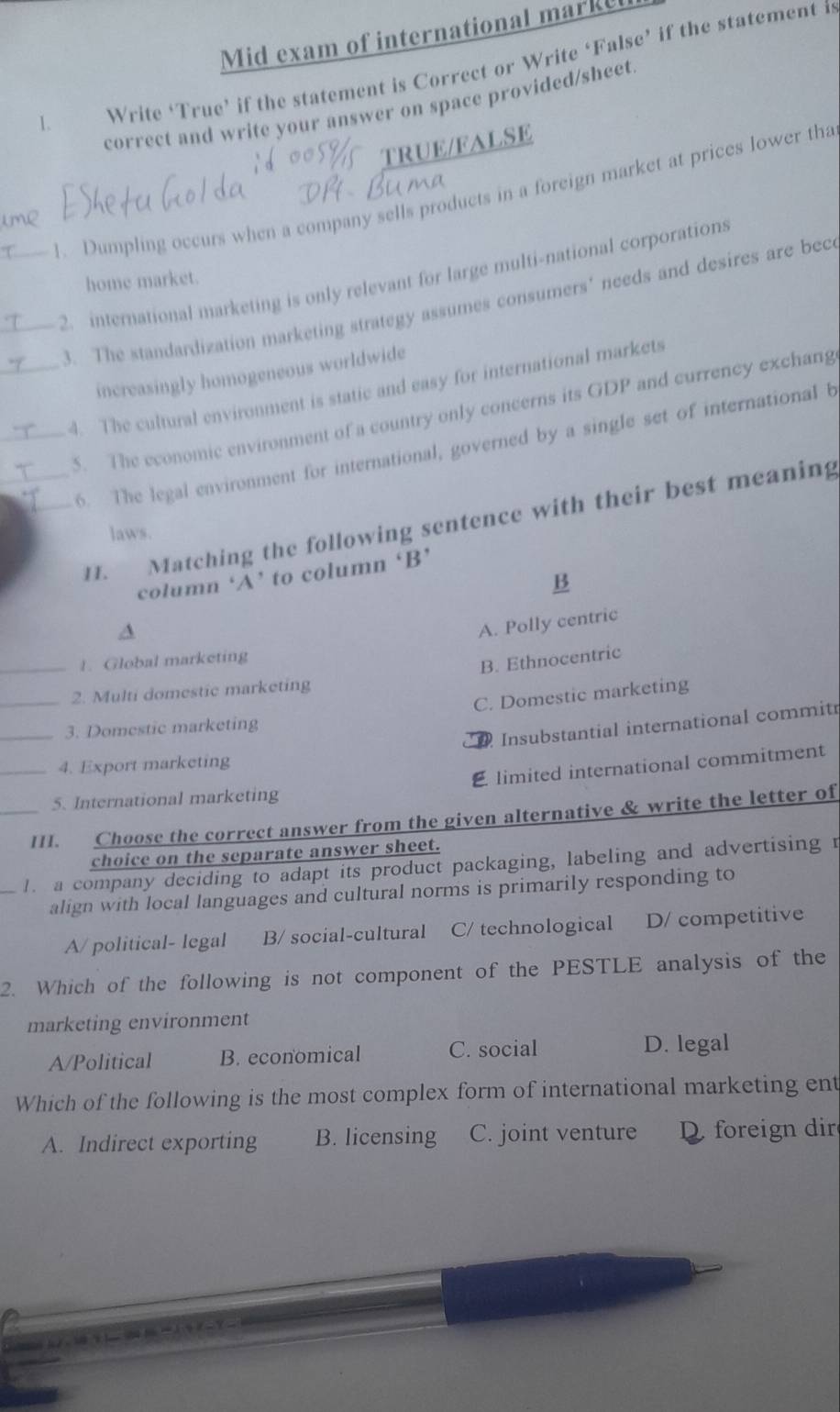 Résolu :Mid exam of international marke I. Write ‘True’ if the ...
