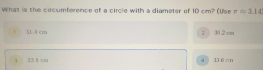 Solved: What is the circumference of a circle with a diameter of 10 cm ...
