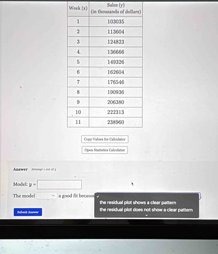 Solved: Sales (y) Open Statistics Calculator Answer Attempt 1 out of 3 ...