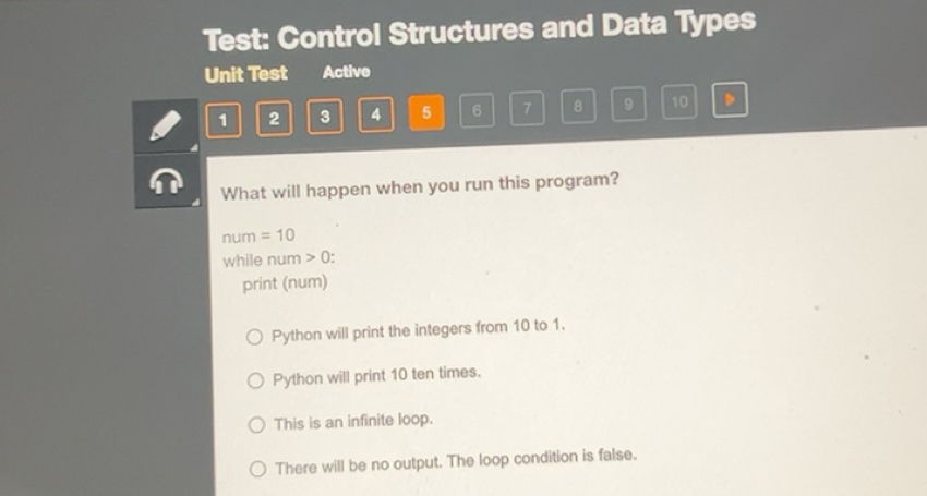 Solved: Test: Control Structures and Data Types Unit Test Active 1 2 3 ...