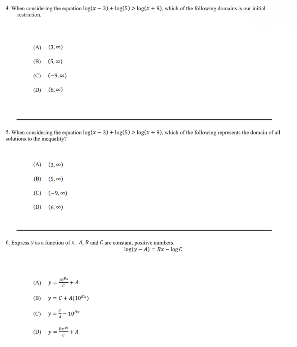 Solved: When considering the equation log (x-3)+log (5)>log (x+9 ...