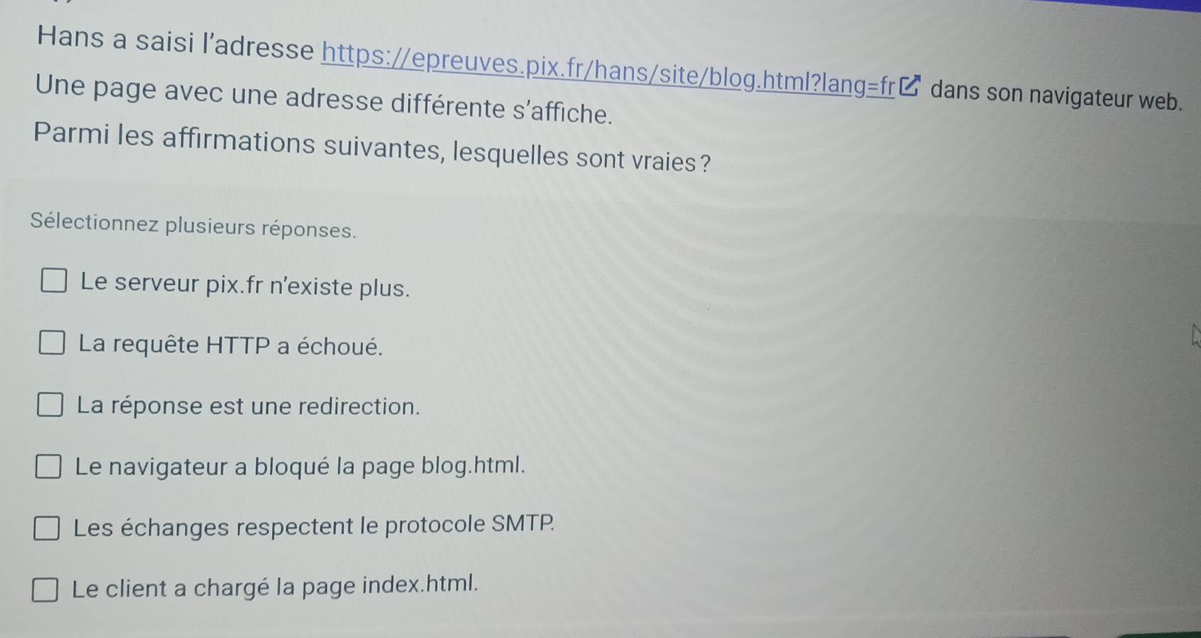 Résolu :Hans a saisi l'adresse https://epreuves.pix.fr/hans/site/blog ...