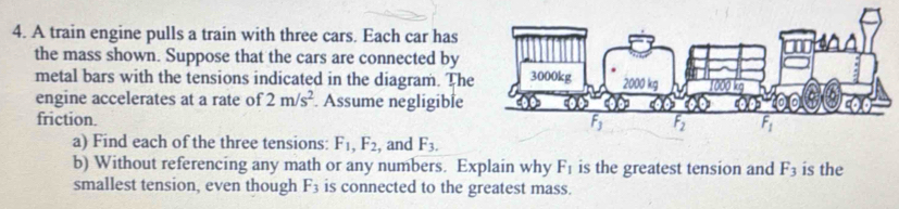 Solved: A train engine pulls a train with three cars. Each car has the ...